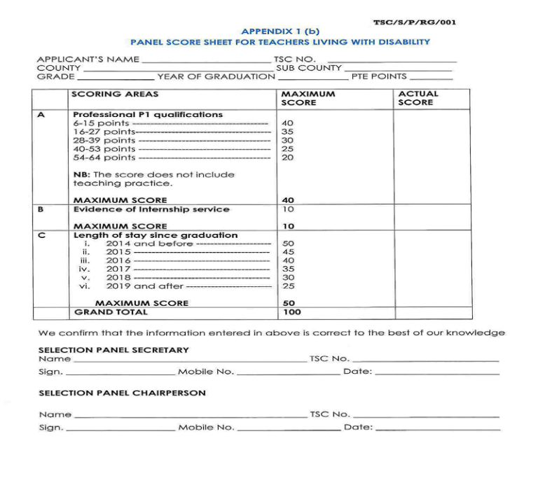 TSC Recruitment Guidelines for Primary Schools and Score sheet - 2020/ ...
