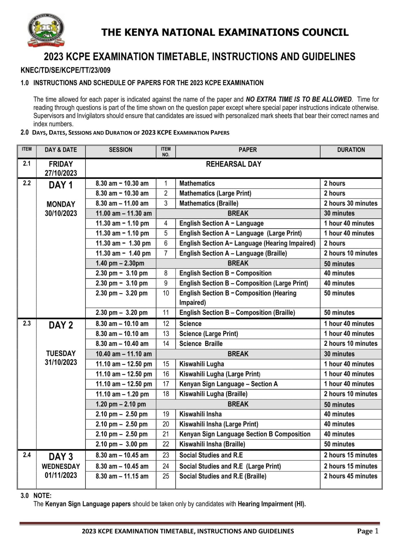The New KCPE 2023 Examination Timetable JITIMU